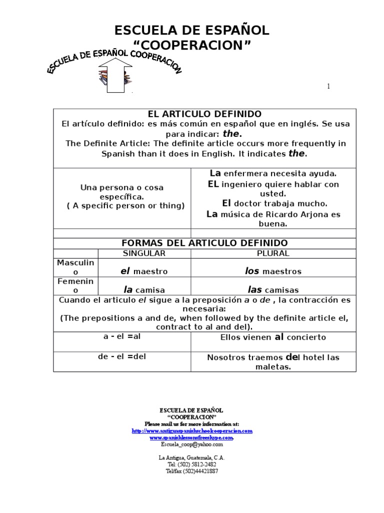 El Articulo Definido, Indefinido, Genero y Numero, Singular y Plural ...
