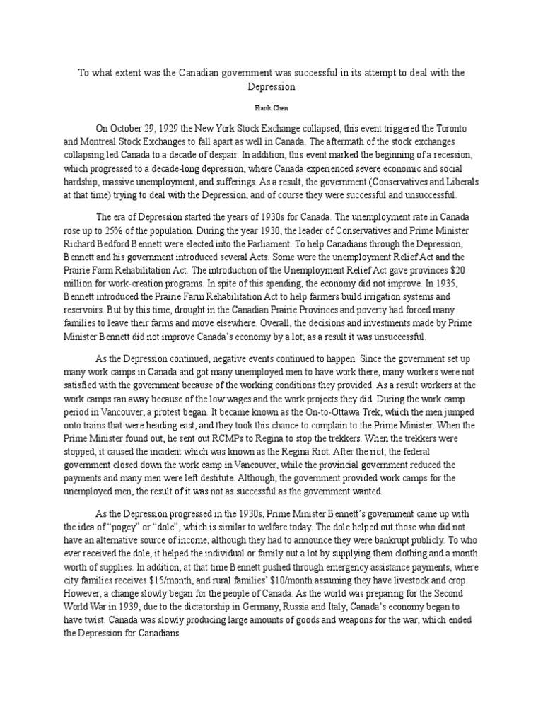 Canadian Government's Response to the Depression | PDF | Great ...