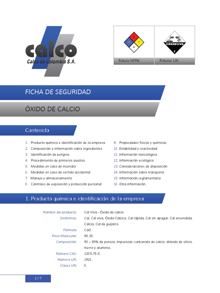 Ficha de seguridad sobre óxido de calcio: propiedades, riesgos e instrucciones de manejo | PDF ...