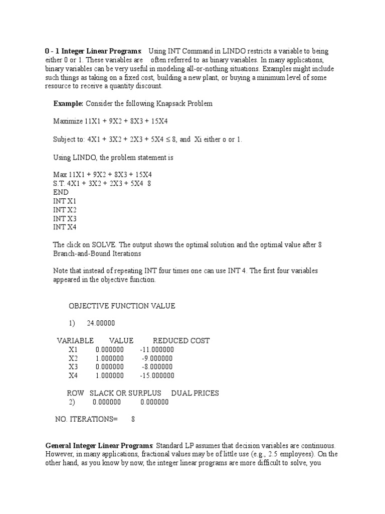 Integer Lindo | PDF | Linear Programming | Mathematical Optimization