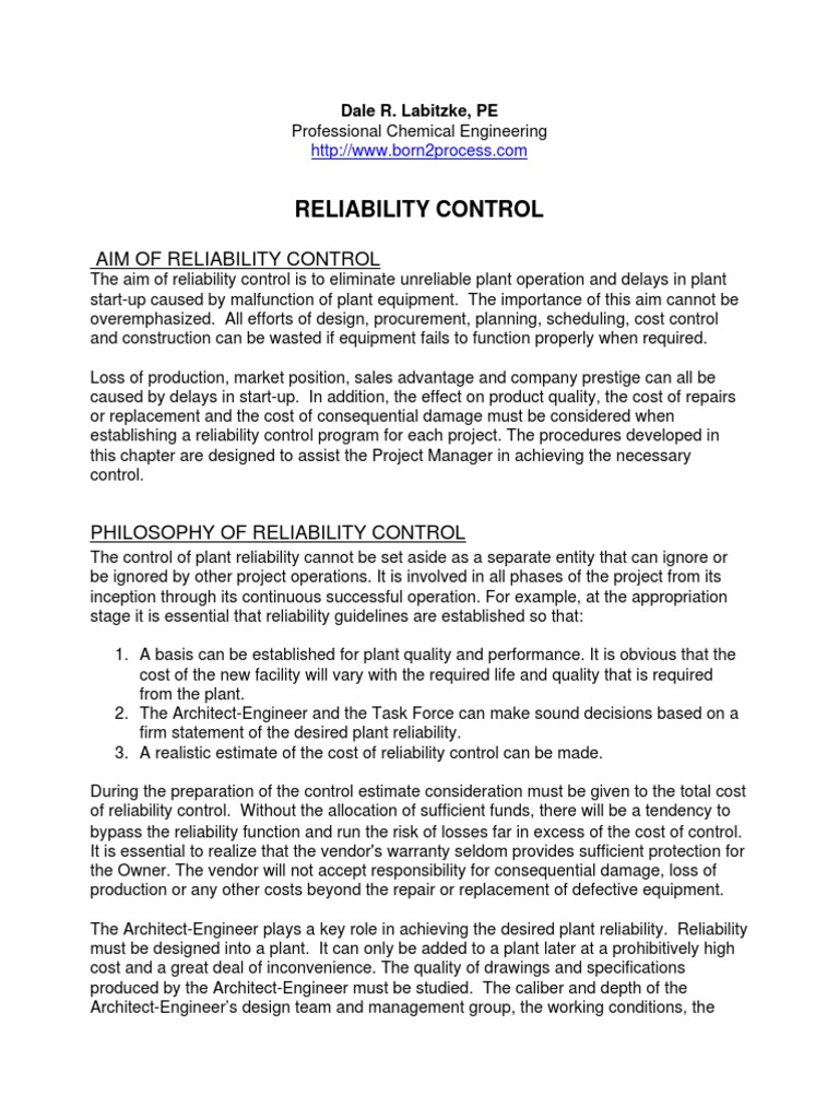 Reliability Control in Chemical Engineering Projects | PDF ...