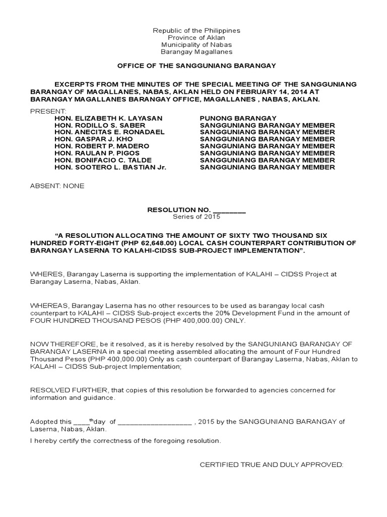 Barangay Council Resolution Allocating Funds | PDF | Philippines