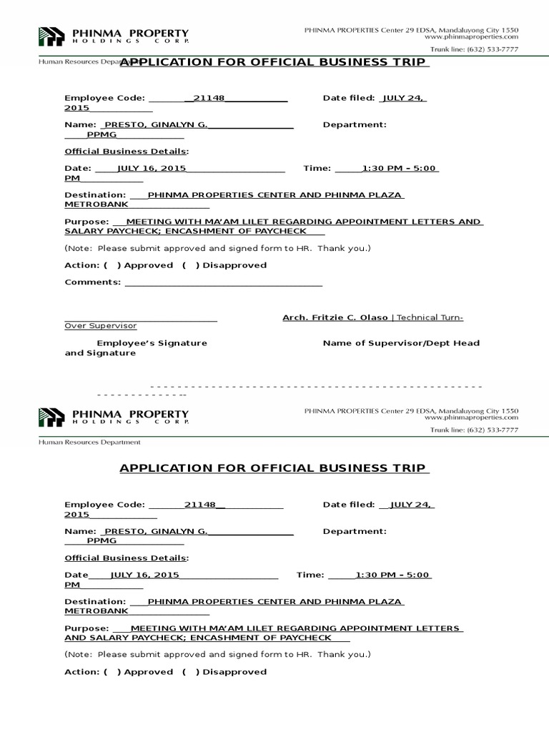 Application For Official Business Trip: (Note: Please Submit Approved ...