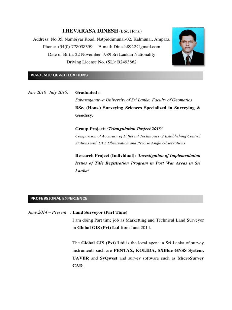 Thevarasa Dinesh-CV Updated | PDF | Surveying | Topography