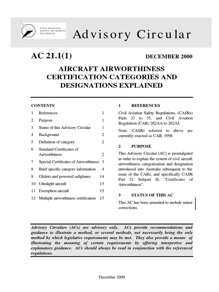 Advisory Circular: Aircraft Airworthiness Certification Categories and ...