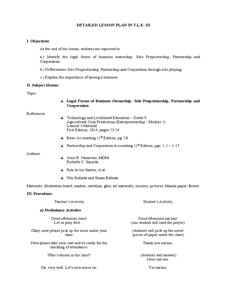 Detailed Lesson Plan For Demo | PDF | Ownership | Corporations