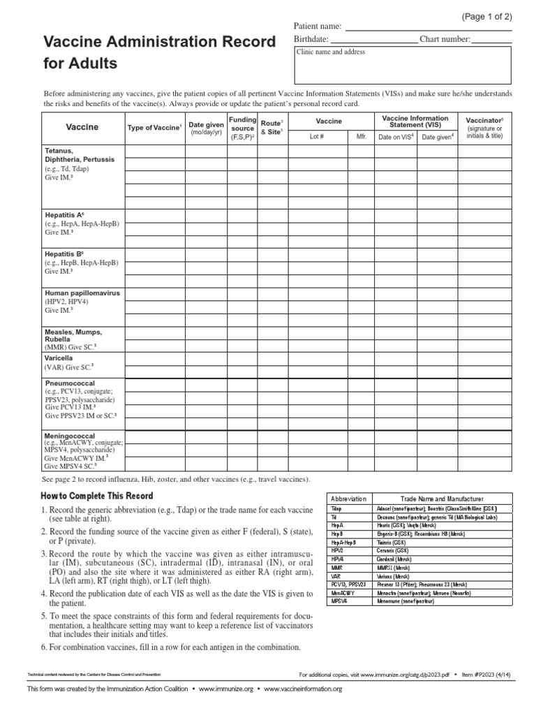 Adult Card | Vaccines | Public Health