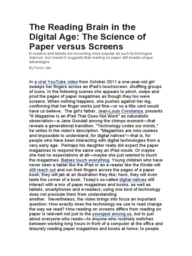 Reading: Paper vs. Screens | PDF | E Reader | Reading (Process)