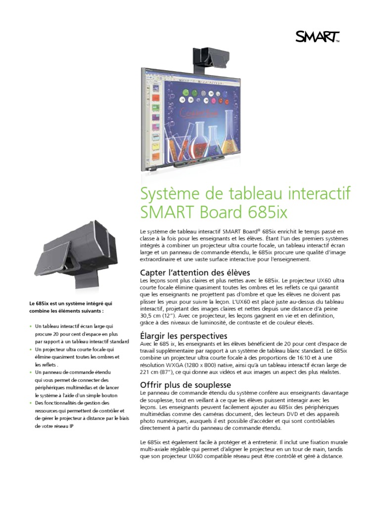 Fiche Technique: Système de Tableau Interactif SMART Board 685ix ...