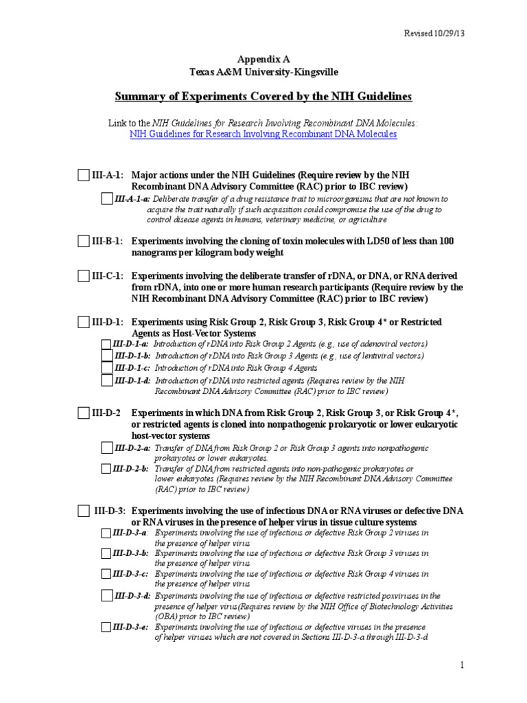Summary of Experiments Covered by The NIH Guidelines: Appendix A Texas ...