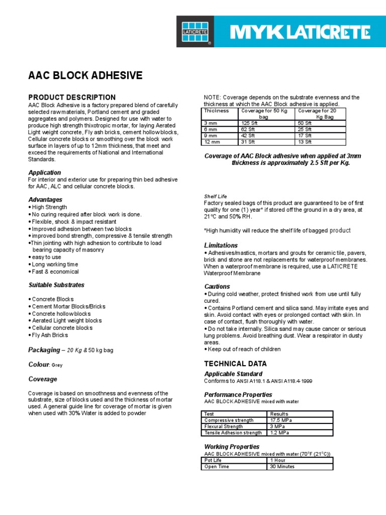 AAC Block Adhesive Specifications Guide | PDF | Adhesive | Concrete