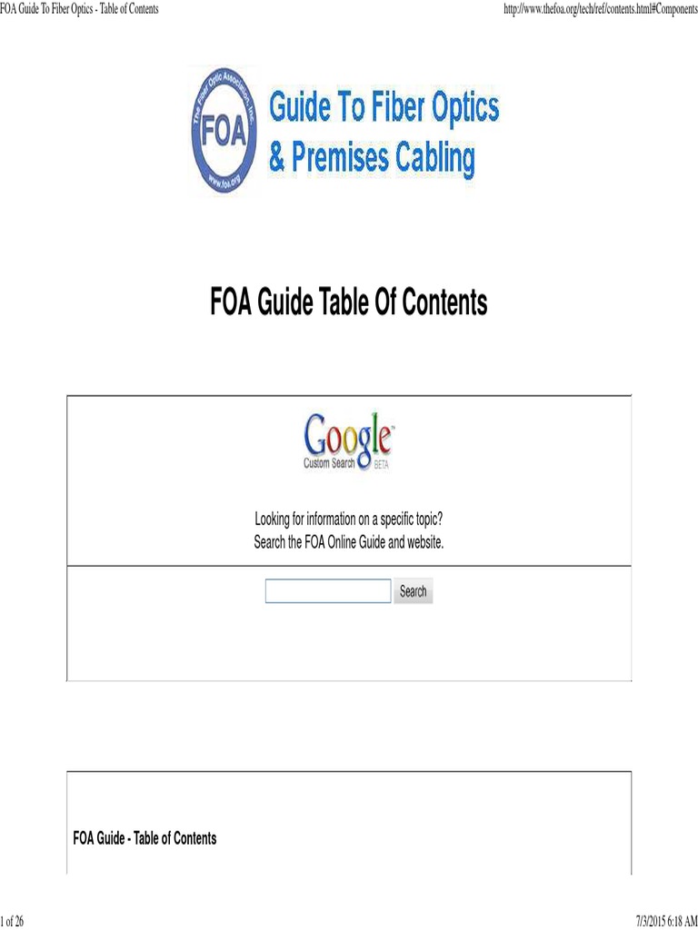 FOA Guide To Fiber Optics - Table of Contents | PDF | Fiber To The X | Optical Fiber