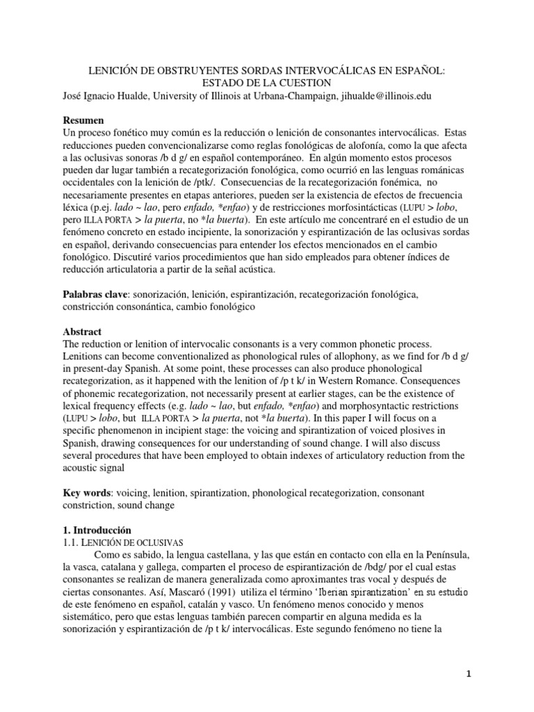 Lenición de Obstruyentes Intervocálicas en Español | PDF | Fonema ...