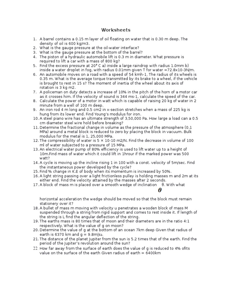 Class 11 - Physics Worksheet | PDF | Mass | Power (Physics)