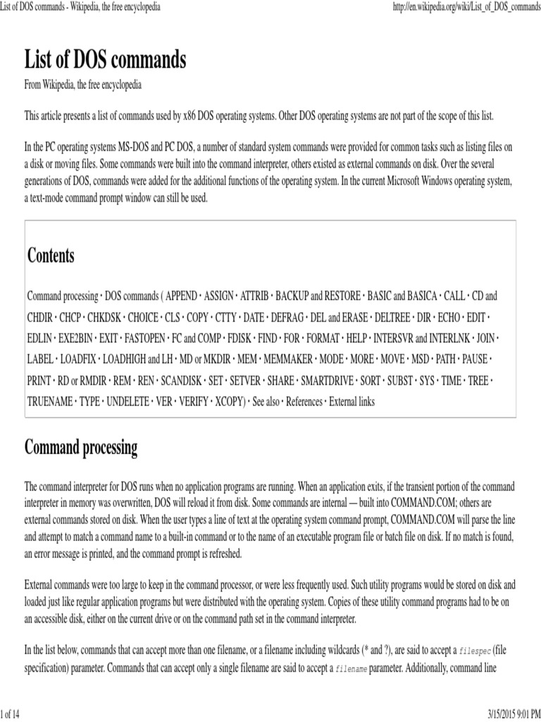 List of DOS Commands - Wikipedia, The Free Encyclopedia | PDF | Dos ...