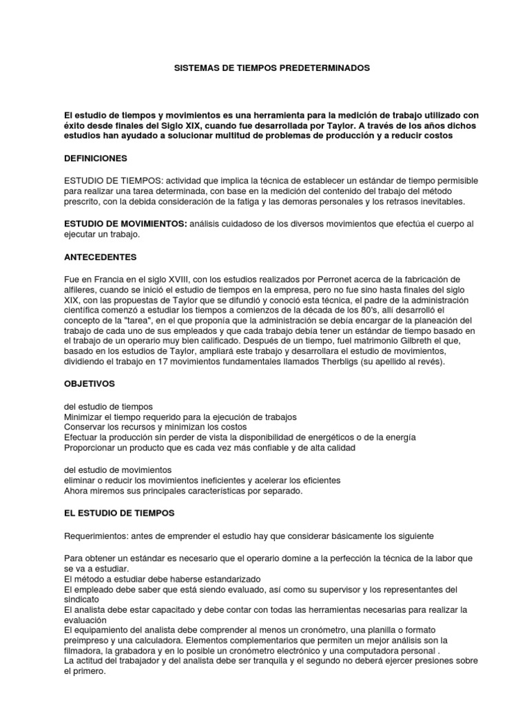 Mtm Sistemas De Tiempos Predeterminados Pdf Hora Medición