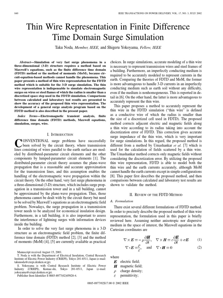 3 - (2002) Thin Wire Representation in Finite Difference Time Domain Surge Simulation | PDF ...