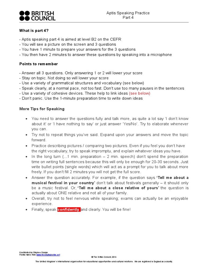 Aptis Speaking Practice Part 4 | Download Free PDF | Vocabulary | Syntax