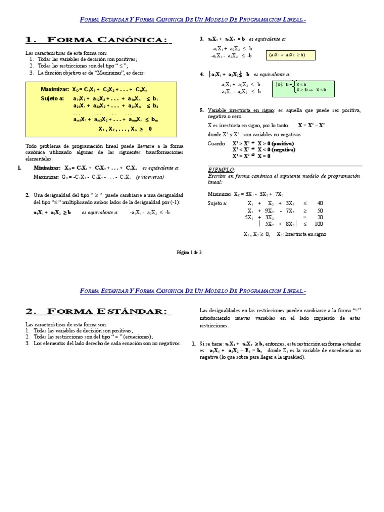 TEMA 1 - Forma Canónica y Estándar | PDF | Programación lineal ...