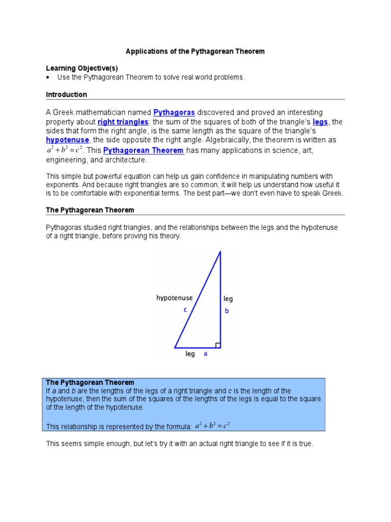 Applications of The Pythagorean Theorem | PDF | Euclidean Plane ...