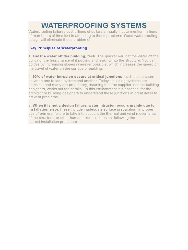 Waterproofing Systems: Key Principles of Waterproofing | PDF