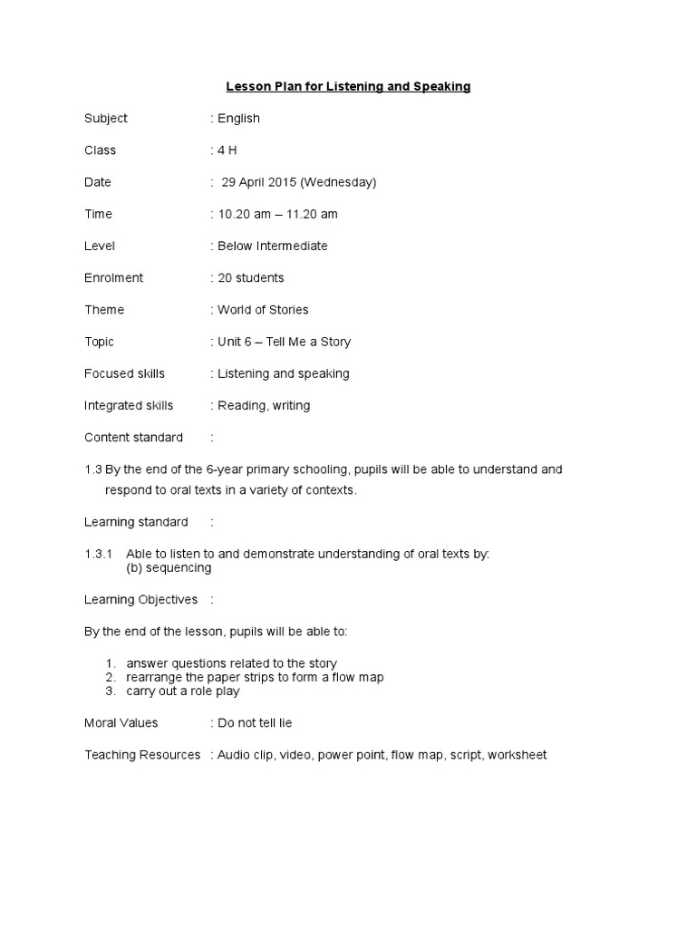 Listening and Speaking Lesson Plan | PDF | Lesson Plan | Teaching