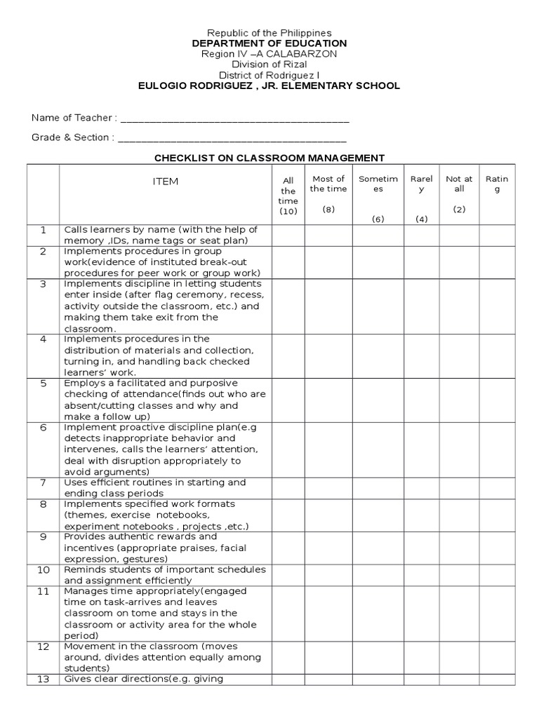 Appraisal Form... Checklist On Claasssroom Management | PDF | Classroom Management | Pedagogy