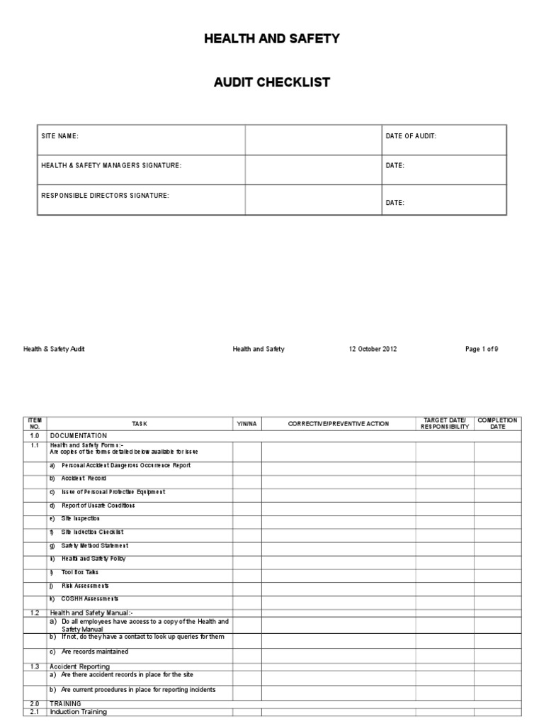 Blank Audit Template | Occupational Safety And Health | Personal ...