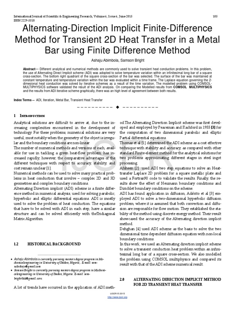 Alternating Direction Implicit Finite Difference Method For Transient 2d Heat Transfer Pdf
