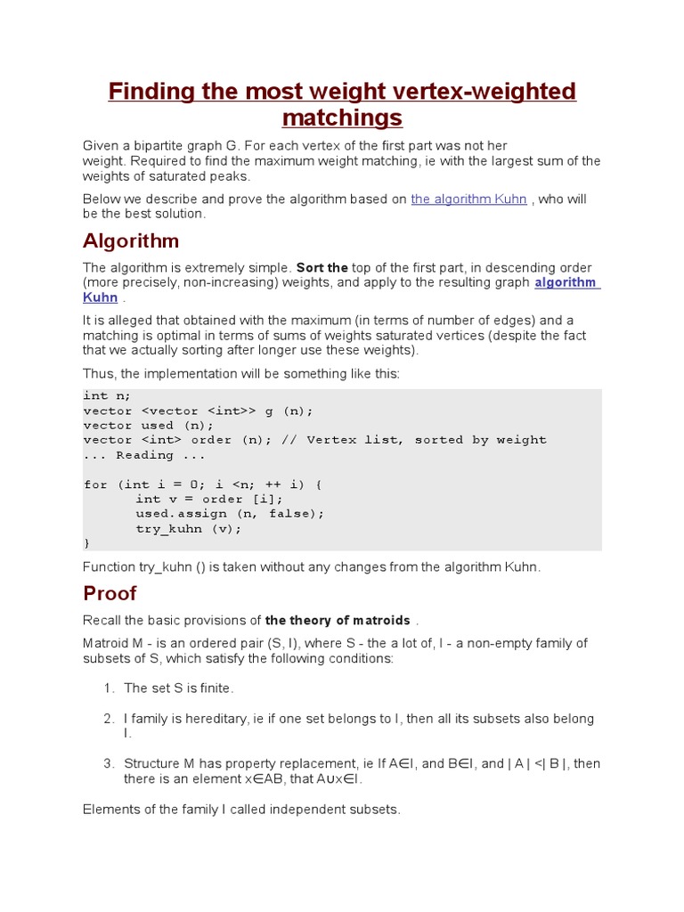 Finding The Most Weight Vertex-Weighted Matchings | PDF | Theoretical ...
