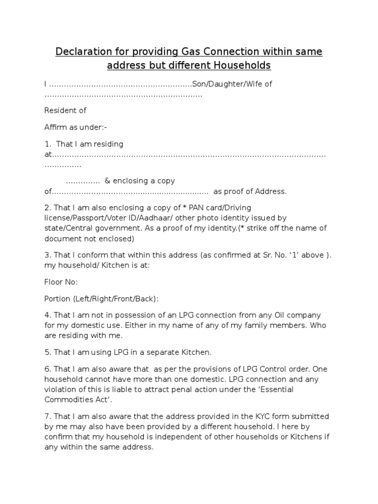 Declaration For Providing Gas Connection Within Same Address But ...