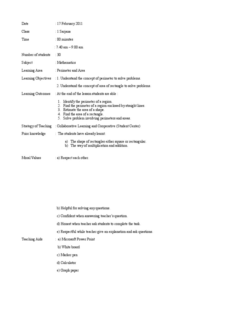 Perimeter and Area - Lesson Plan | Download Free PDF | Teaching Method ...