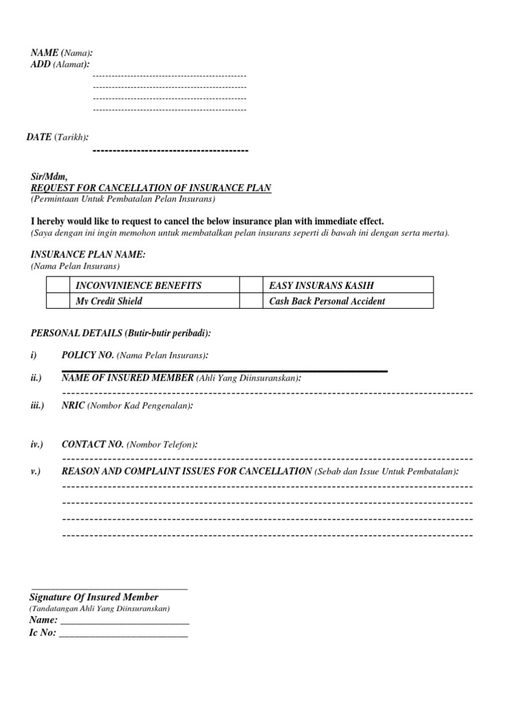 Cancellation Form (RHB Insurance) | PDF