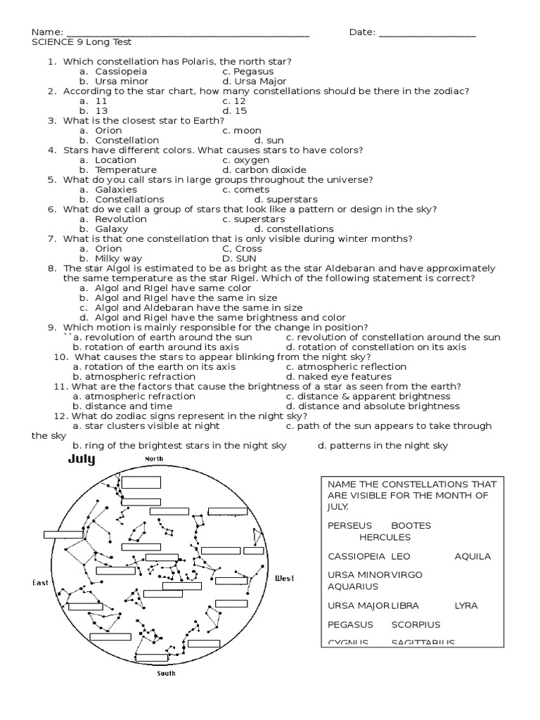 Grade 9 Constellation Quiz | PDF | Science & Mathematics