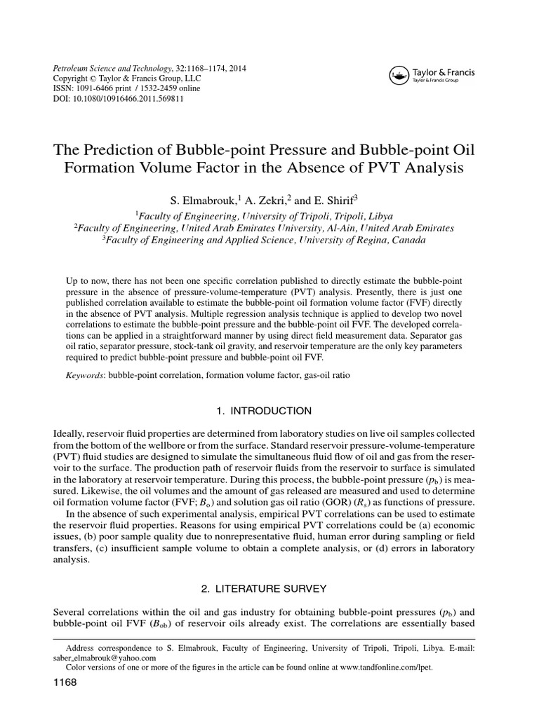 The Prediction of Bubble-Point Pressure and Bubble-Point Oil | PDF ...