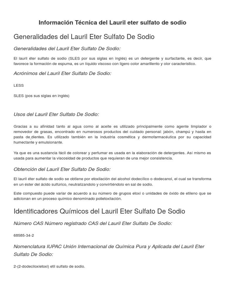 Información Técnica Del Lauril Eter Sulfato de Sodio | PDF | Detergente | Sulfato