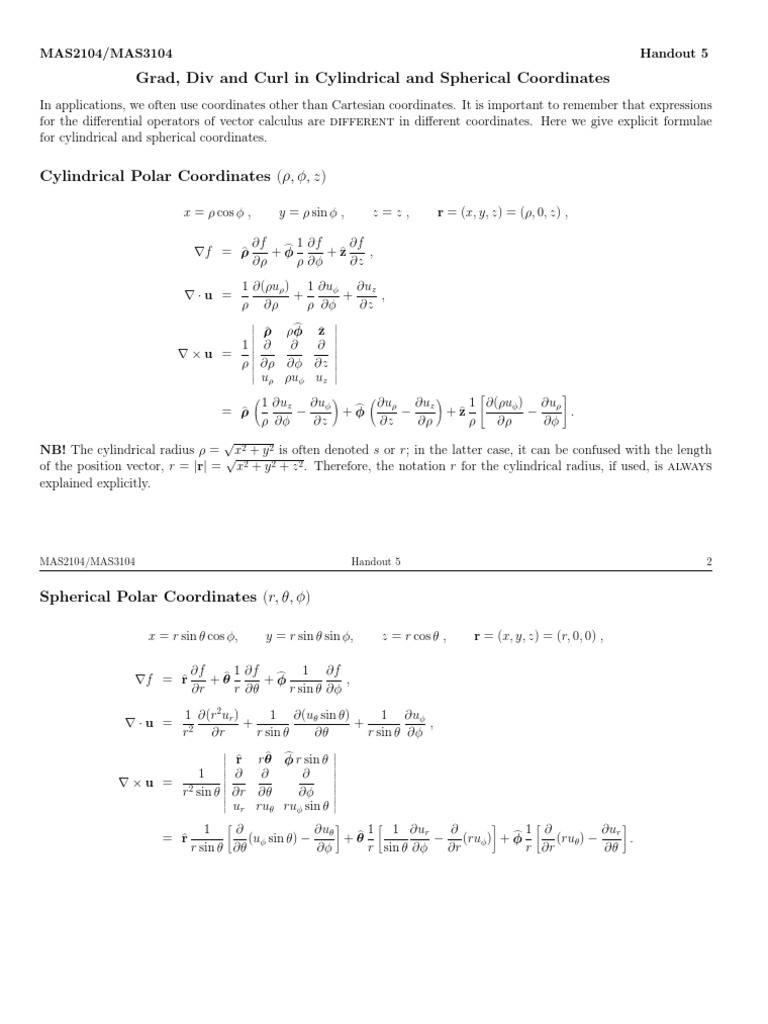 Grad, Div and Curl in Cylindrical and Spherical Coordinates | PDF