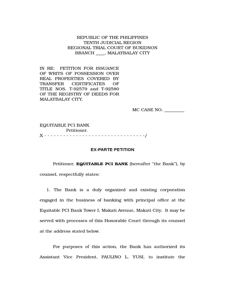 Ex Parte Petition 4 A Writ of Possession | PDF | Mortgage Law | Private Law