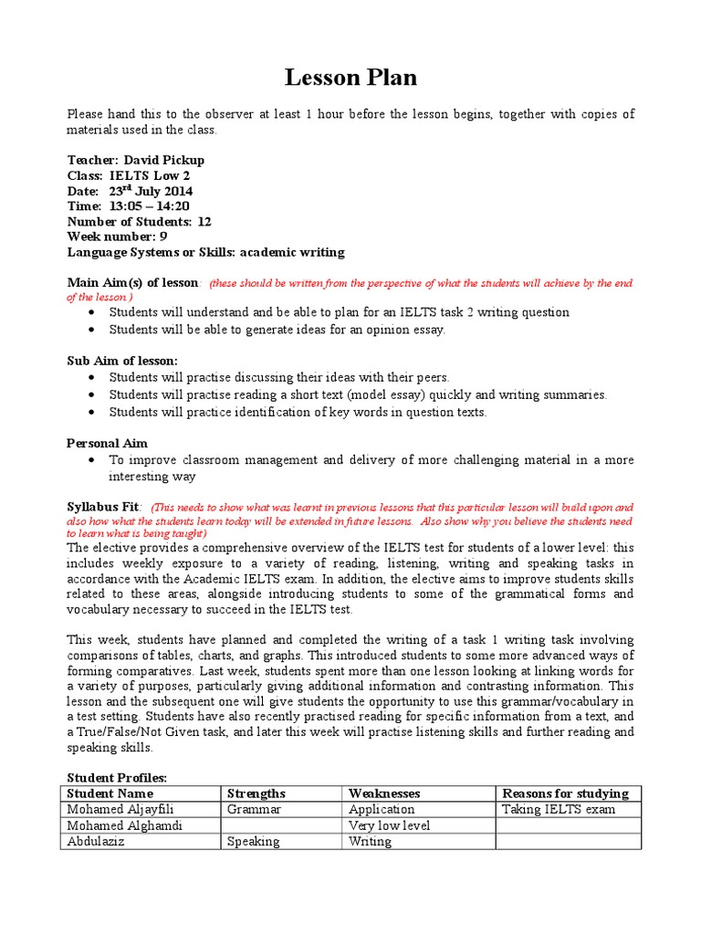 IELTS Writing Lesson Plan | PDF | International English Language ...