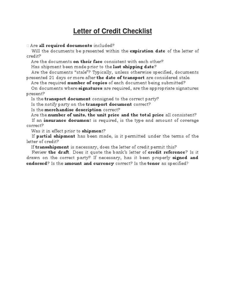 Letter of Credit Checklist PDF | PDF