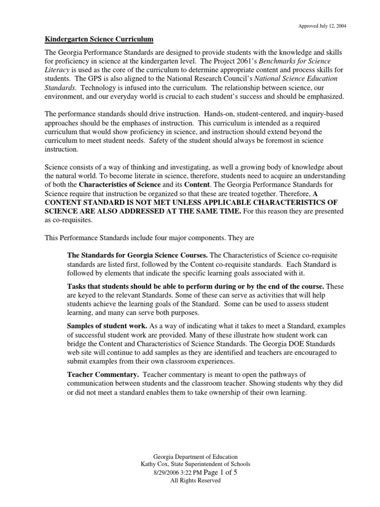 Kindergarten Georgia Performance Standards | PDF | Curriculum | Inquiry ...