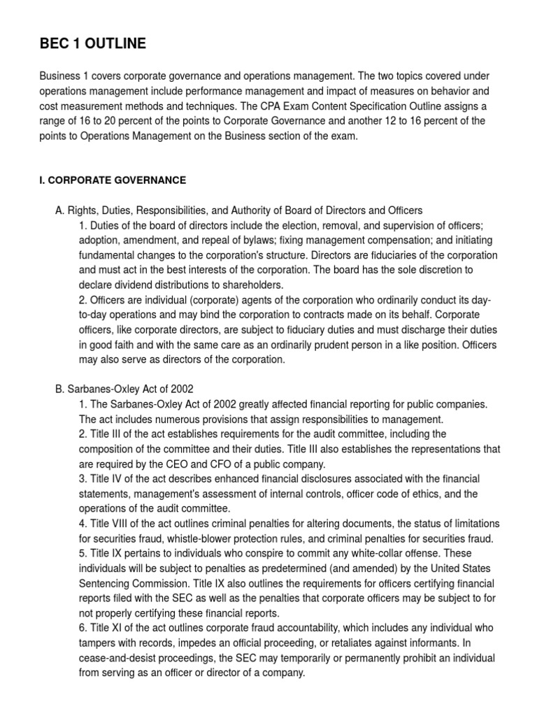 BEC 1 Outline - 2015 Becker CPA Review | PDF | Internal Control ...