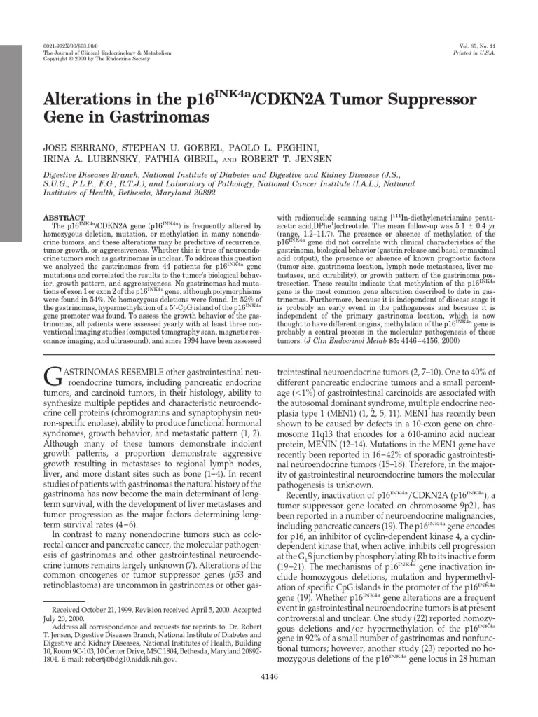 Alterations in The p16 /CDKN2A Tumor Suppressor Gene in Gastrinomas ...