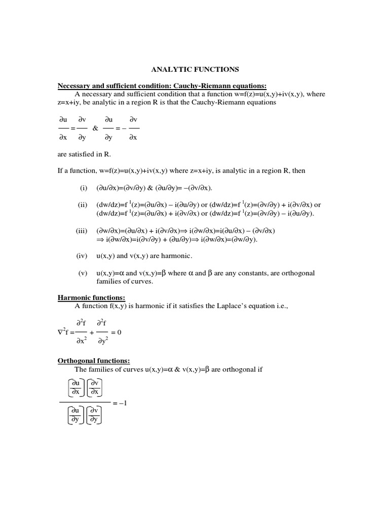 Analytic Functions Necessary and Sufficient Condition: Cauchy-Riemann Equations | PDF ...