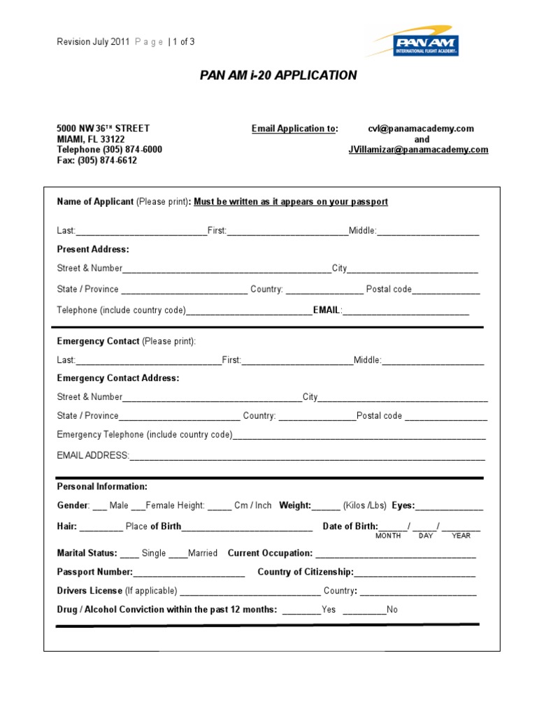 Pan Am i-20 Application Form | PDF | Travel Visa | Aviation