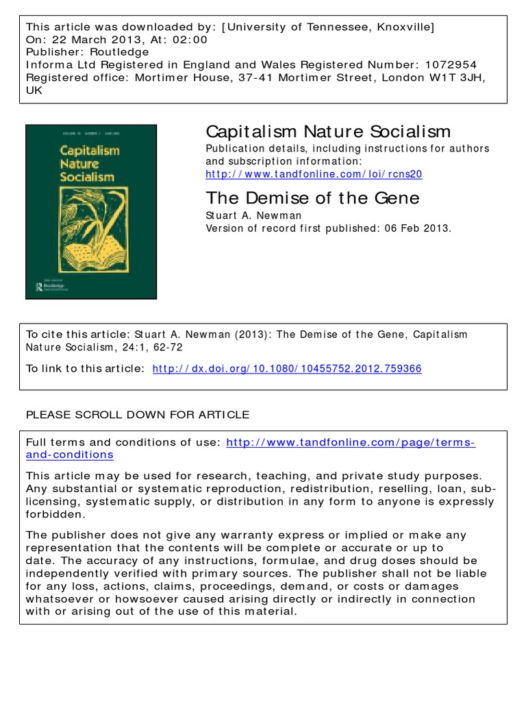Capitalism Nature Socialism: To Cite This Article: Stuart A. Newman ...
