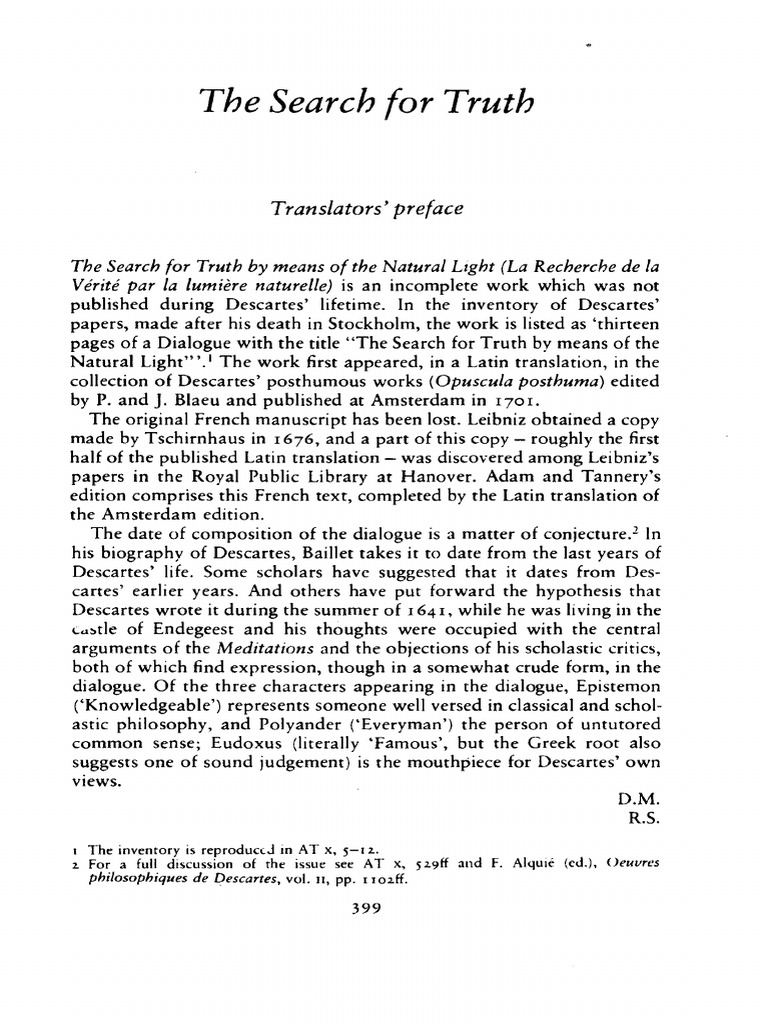 The Search For Truth by Means of The Natural Light (Descartes) | PDF ...