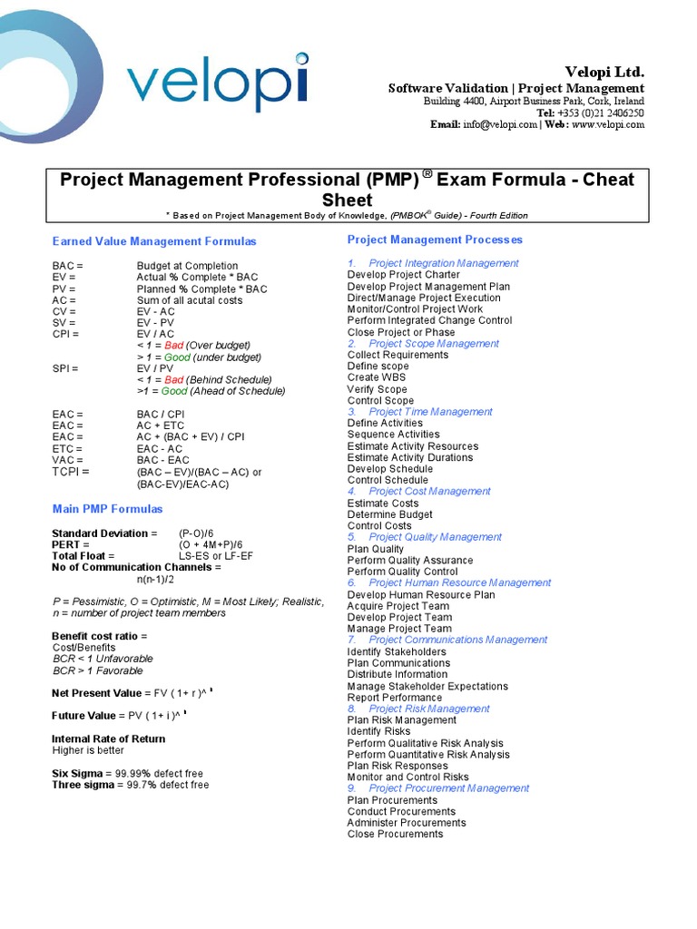 Velopi PMP Cheat Sheet PDF | PDF