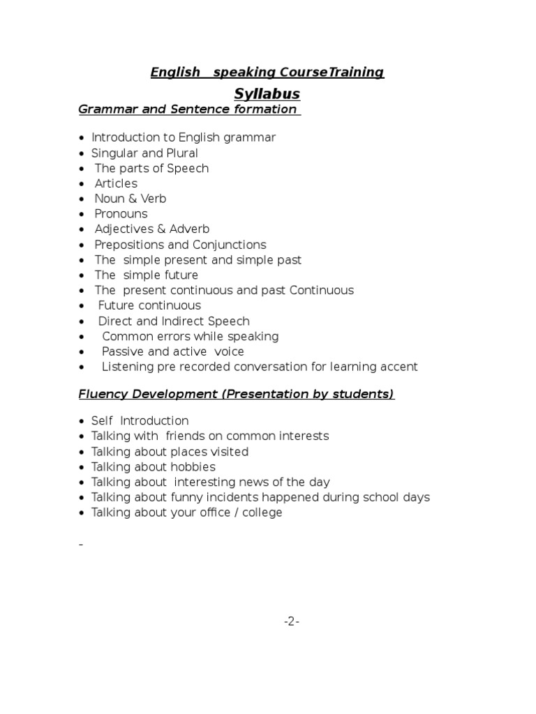 Syllabus: English Speaking Coursetraining | PDF | English Grammar ...