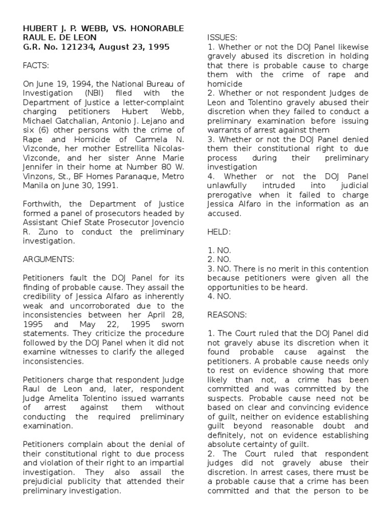Hubert J. P. Webb, vs. Honorable Raul E. de Leon | PDF | Probable Cause ...